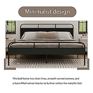 alazyhome Modern King Size Bed Frame, Metal Platform Bed with Linen Upholstered Headboard, Steel Slats Support, Noise Free, Under-Bed Storage, Easy Assembly, Black