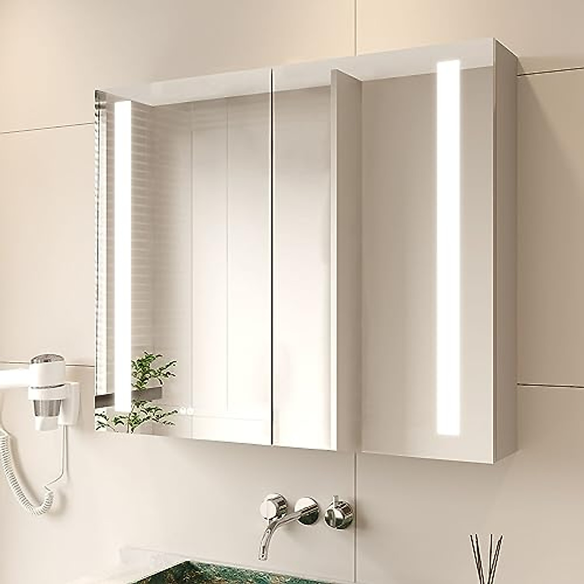 MIRPLUS 36 x 30 inch Medicine Cabinet with LED Vantiy Mirror, Recessed or Surface Mount Anti-Fog Large Storage Double Door Lighted Aluminum Bathroom Cabinet with Touch Switch (Half Light)