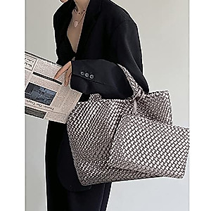Woven Tote Bag, Women Macaron Soft Leather Weave Handbag Purse Wrist Bag Large Capacity Work Shopping Travel Daily (Silver)