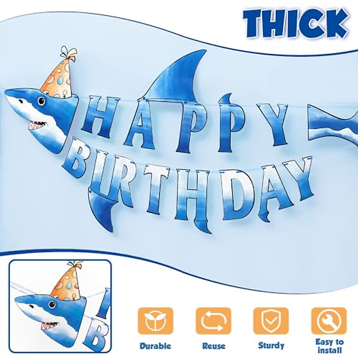 WERNNSAI Shark Happy Birthday Banner - Shark Party Decorations for Kids Boys Pre-strung Shark Birthday Banner Ocean Theme Party Supplies Beach Under The Sea Theme Party Hanging Wall Decor