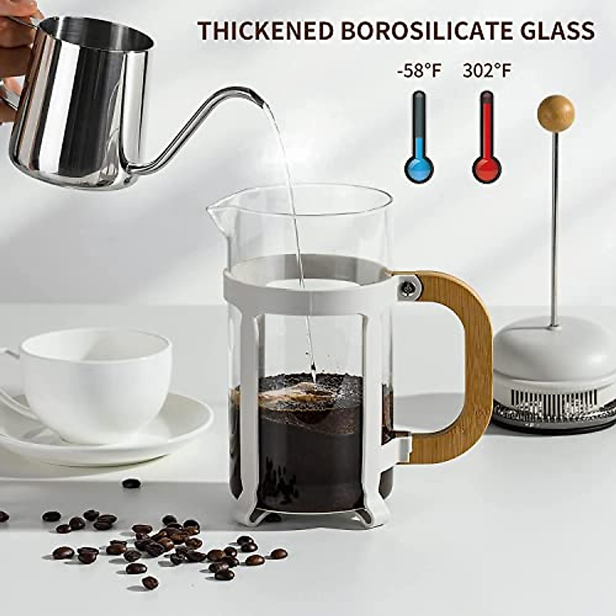 PARACITY French Press Coffee/Tea Maker 34 OZ with 2 Replaceable Filter, Camping Large Coffee/Tea Press of bamboo handle and Heat Resistant Glass, Cold Brew French Press