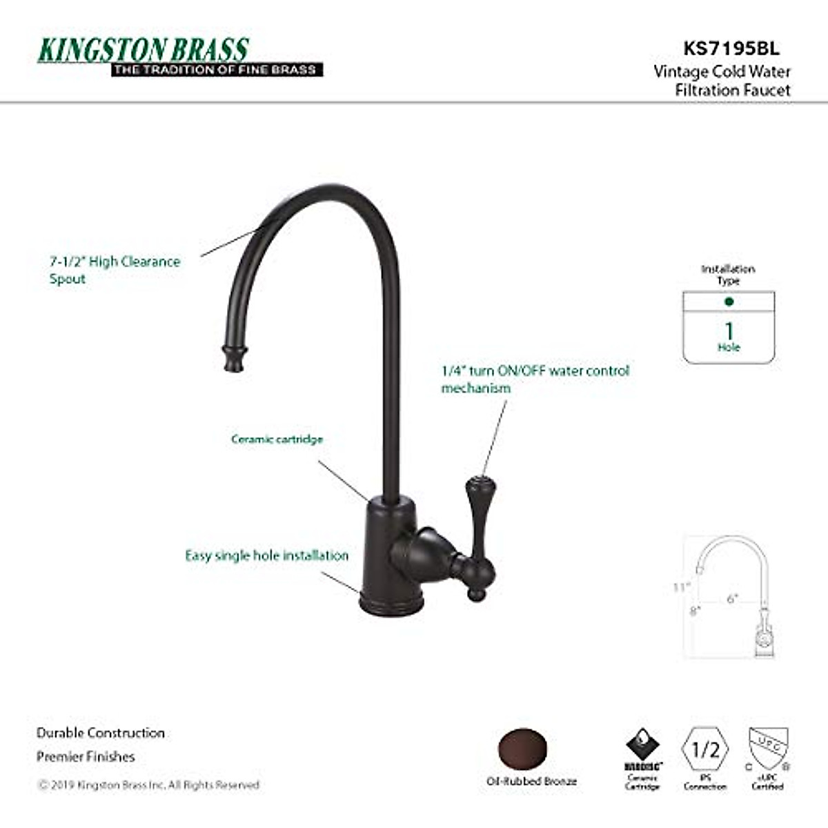 Kingston Brass Gourmetier KS7195BL Vintage Single Handle Water Filtration Faucet, Oil Rubbed Bronze
