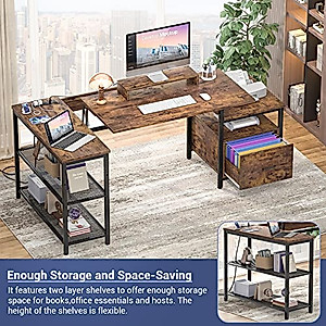 Aheaplus L Shaped Desk with Power Outlet, Standing Home Office Desk with Lift Top and File Drawer, 63'' Reversible Corner Computer Desk with Monitor Stand, Gaming Desk with Led Lights, Rustic Brown