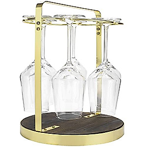 MyGift Modern Brass Metal & Burnt Wood Tabletop Stemware Holder Rack, Wine Glass Serving Caddy