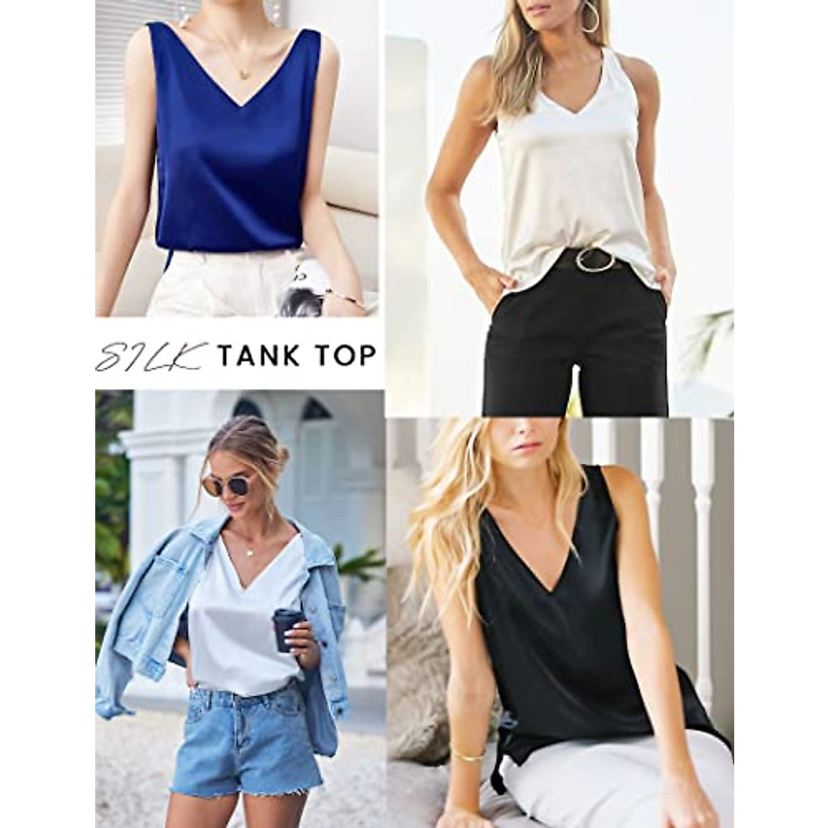 Ekouaer Women Silk Satin Pajama Set V Neck Pj Short Set Sleeveless Silky Tank Lounge Set Sleepwear Black Small