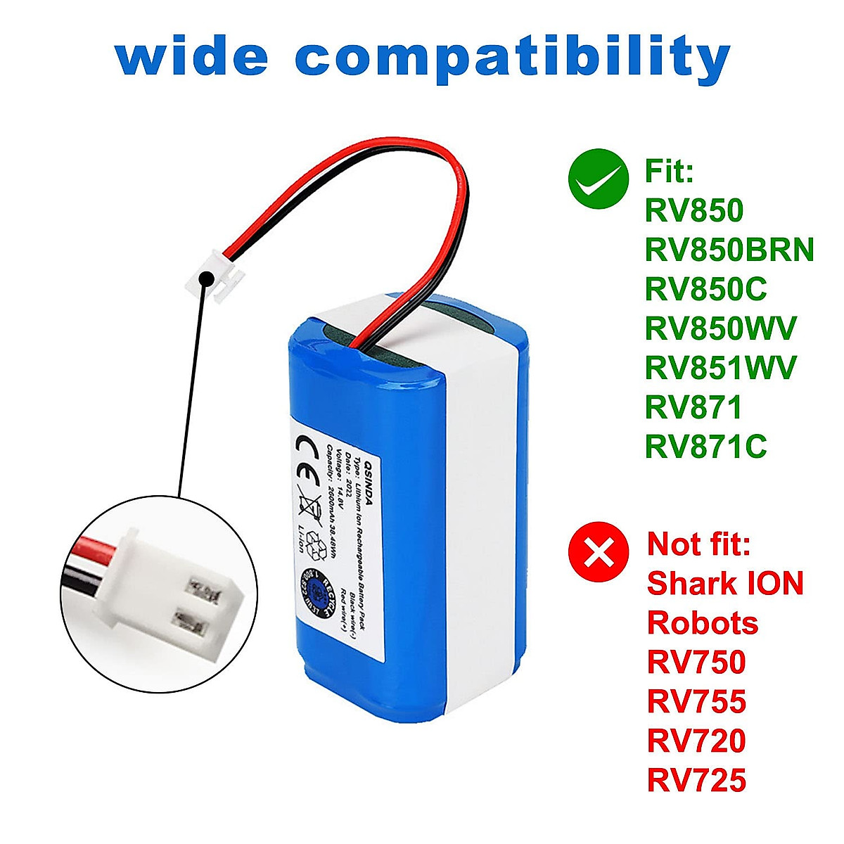 Replacement Battery Pack for Shark Ion Robot RVBAT850 Battery for RV700_N, RV720_N, RV725_N, RV761, RV850, RV850BRN, RV850C, RV850WV, RV851WV, RV871, RV871C 2 Prong 14.4V 2600mAh