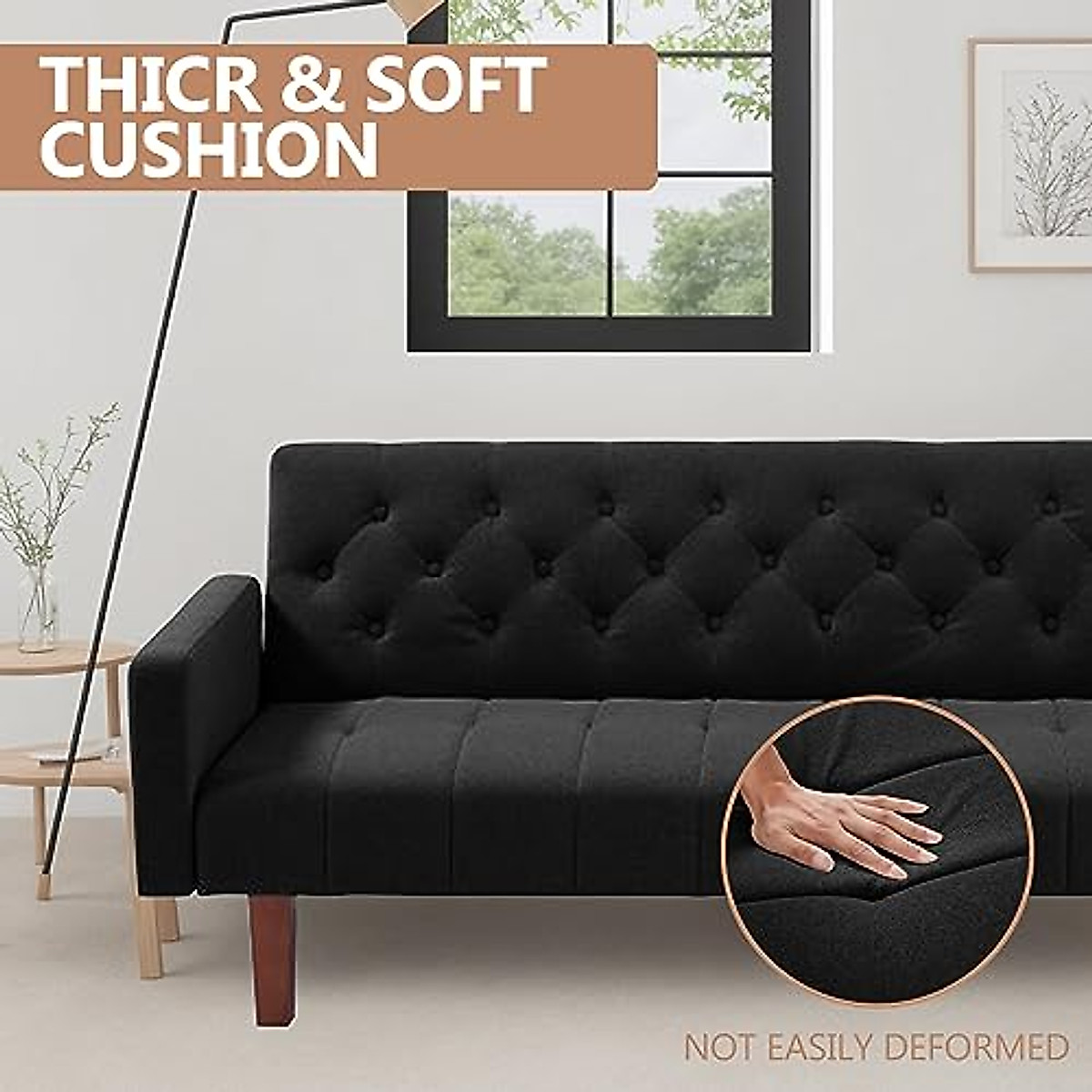 Fangflower Black Tufted Back Sofa Bed Mid-Century Convertible Sleeper Futon with Tapered Wood Legs for Living Room Apartment Lounge