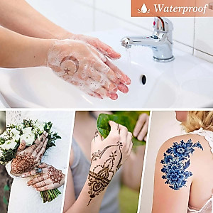 Temporary Body Art Painting Kit Temporary Tattoo Paste Natural Color Temp Tattoos Semi Permanent Freehand Gel(Plant Based) DIY Fake Freckles 60Pcs Small Tattoo Stencils Full Kit 2 Bottles(Brown)