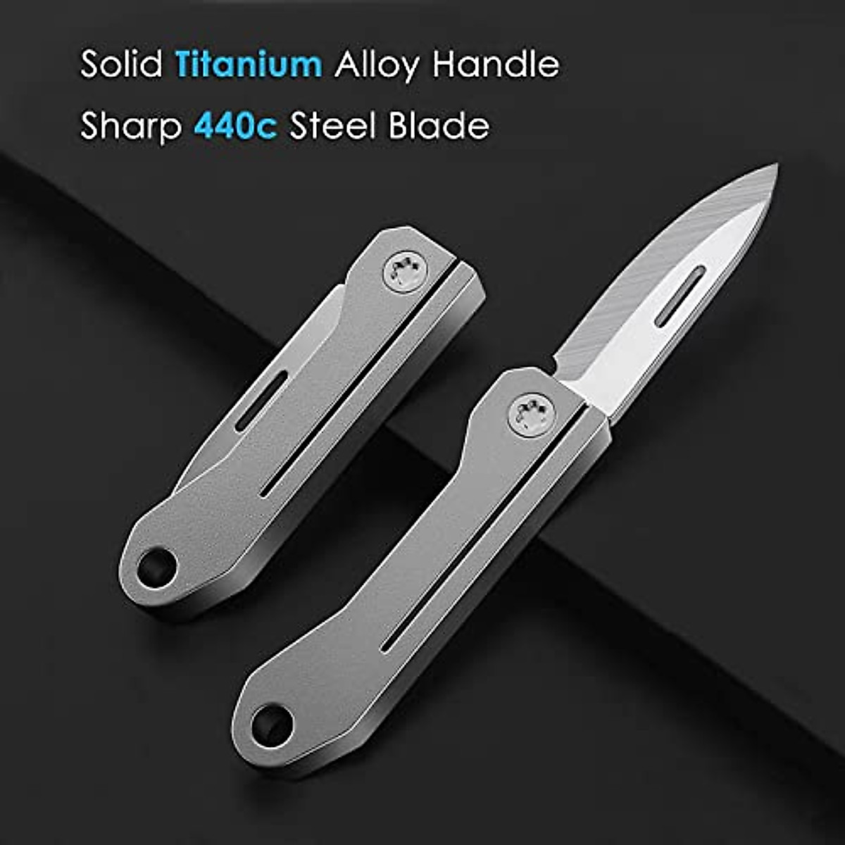 Juzpio Titanium Alloy Small Keychain Knife, Mini Folding Pocket Knife for Women Men, EDC Box Cutter (Titanium Alloy Handle/ 440c Steel Blade)