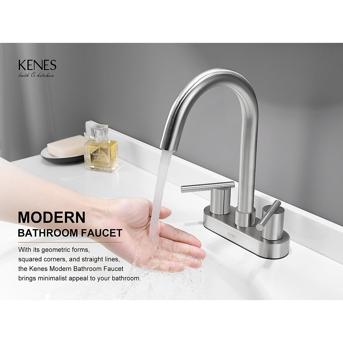 KENES 4 Inch 2 Handle Centerset Bathroom Faucet, Brushed Nickel Lead-Free Modern Commercial Bathroom Sink Faucet, with Pop Up Drain and Two Water Supply Lines, KE-9019