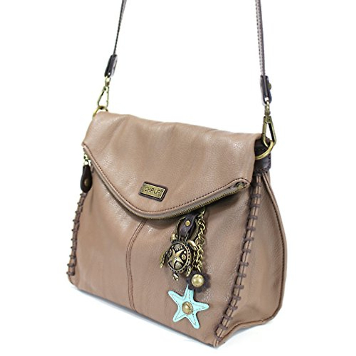 Chala Bronze Sea Turtle with Teal Starfish Purse Charm + XBody/Shoulder Handbags - 9 Colors (Light Brown)