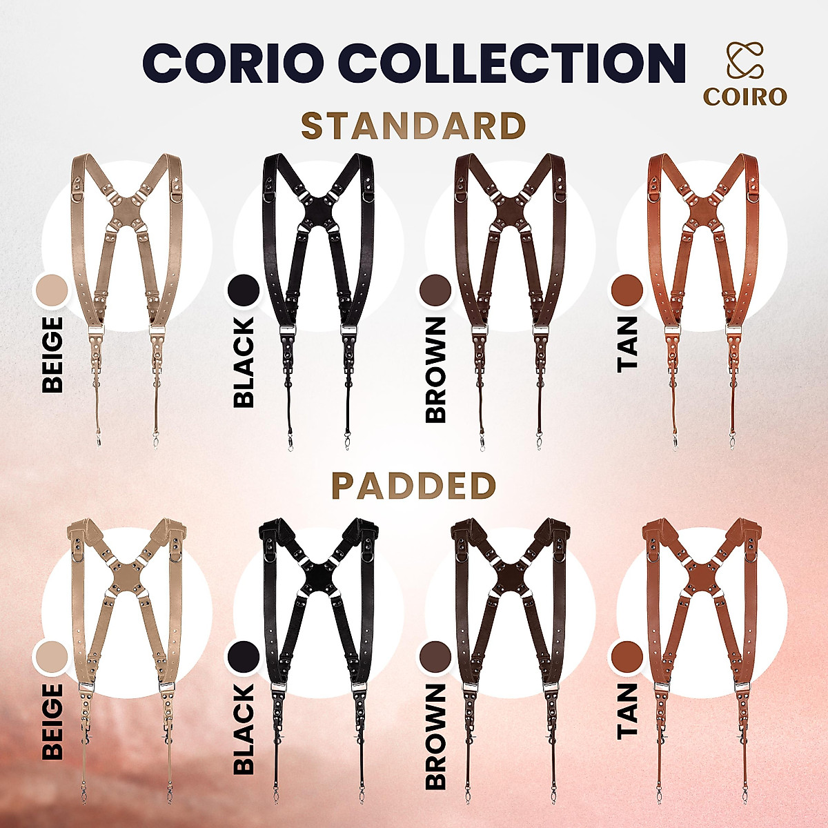 C Coiro Camera Harness for 2 Cameras – Dual Shoulder Leather Camera Strap – Double Camera Harness for DSLR/SLR, Camera Straps for Photographers of All Levels, Padded Straps/Color Tan