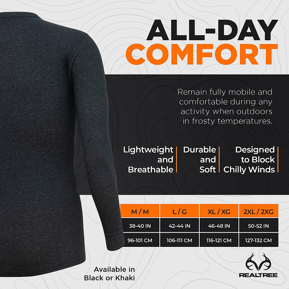 Realtree Reversible Mens Thermal Long Sleeve Shirt Hunting Gear- Base Layer Shirt for Men, Warm Waffle Knit Under Top Winter (US, Alpha, XX-Large, Regular, Regular, Black)