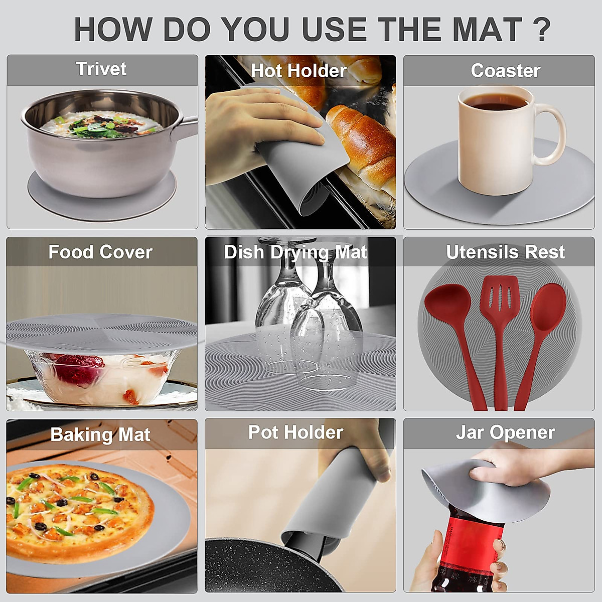 4PCS KooMall Silicone Trivets for Hot Dishes Pots and Pans 8'', 572°F Heat Resistant Pot Holders, Hot Pads for Kitchen Countertop, Hot Plates Mat to Protect Quartz Table, Versatile Microwave Mat, Gray