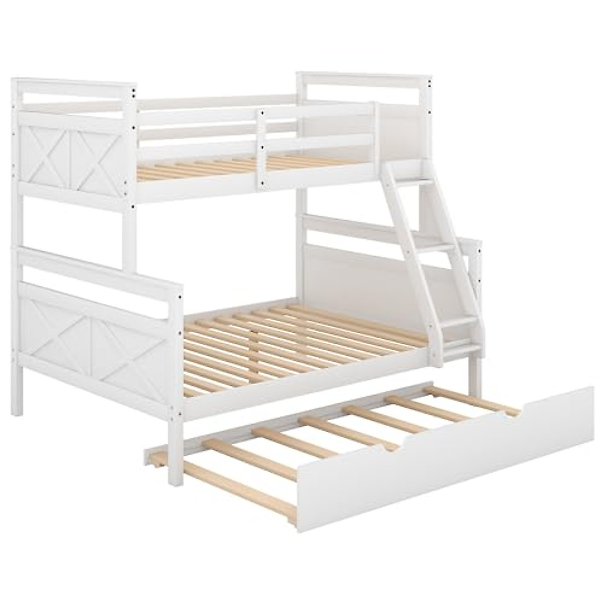 DEYOBED Twin Over Full Bunk Bed with Twin Size Trundle, Wooden Bed Frame with Ladder and Safety Guardrail for Kids Boy Girls, Can Convertible into 2 Separated Beds, White