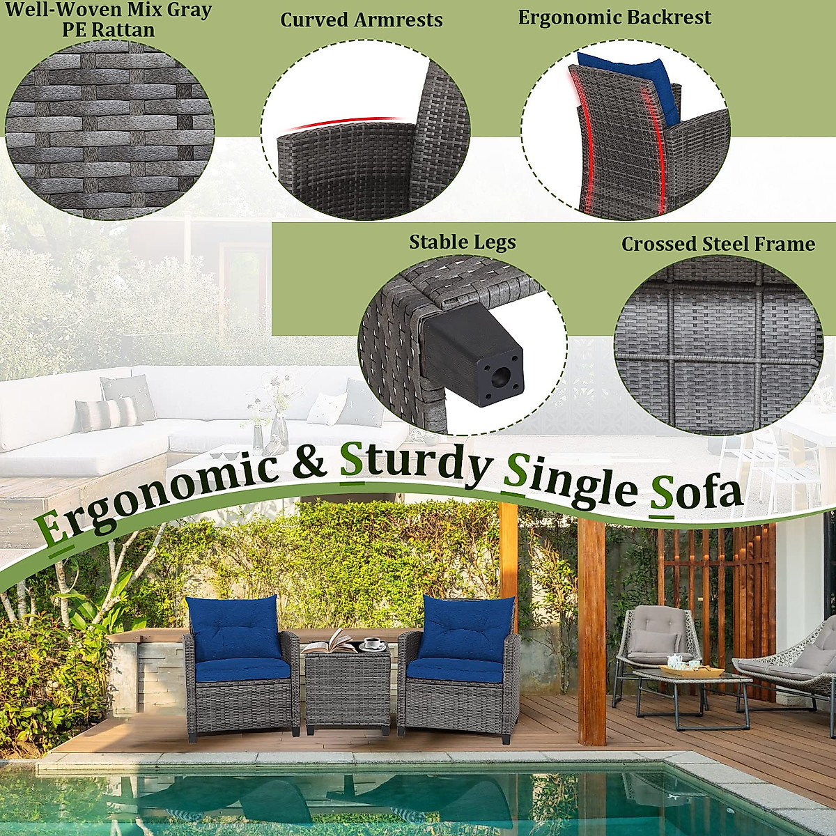 RELAX4LIFE Wicker Patio Furniture Sets - 3 Pieces Patio Rattan Sofa Set, Outdoor Conversation Set with Tempered Glass Tabletop, Heavy-Duty Steel Frame, Wicker Chair Set for Poolside, Backyard, Navy