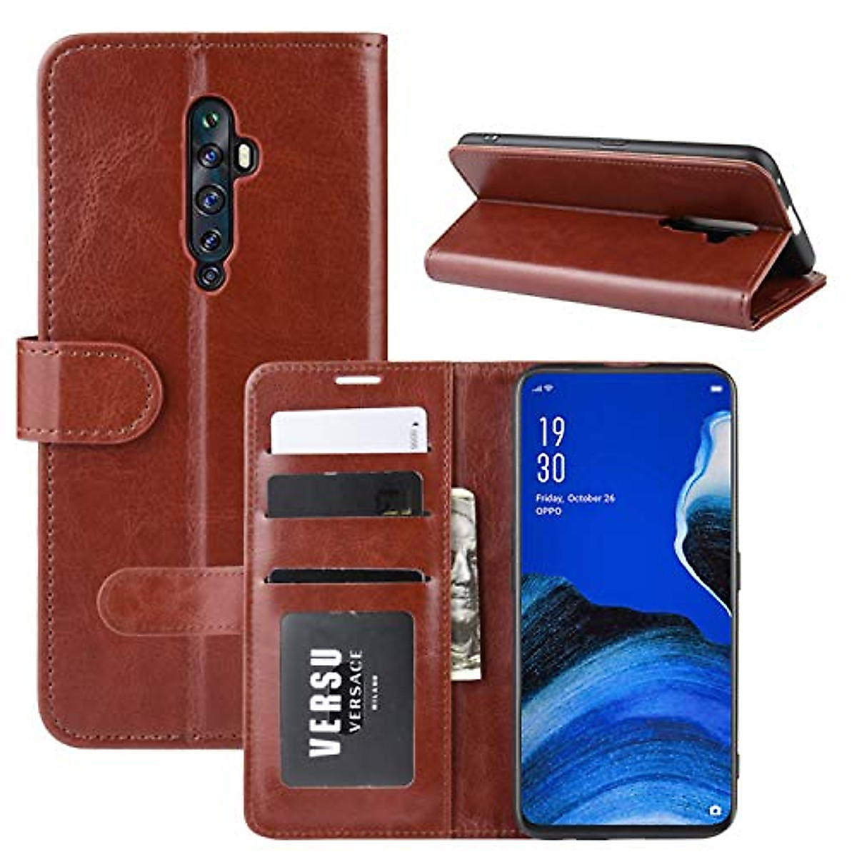 HualuBro Oppo Reno2 Z Case, Retro PU Leather Wallet Flip Folio Shockproof Phone Case Cover with Card Slots for Oppo Reno2 Z / Reno2 F/Reno 2Z / Reno 2F - Brown