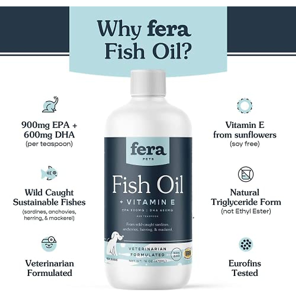 Fera Pets Fish Oil for Dog and Cat with DHA, EPA, Vitamin E and Omega-3 Fatty Acids – Liquid Fish Oil Supplement - Brain Function & Immune Health 16 oz