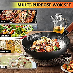 kaqinu Carbon Steel Wok Pan, 14 Piece Woks & Stir-Fry Pans Set with Wooden Lid & Cookwares, No Chemical Coated Flat Bottom Chinese Woks Pan for Induction, Electric, Gas, Halogen All Stoves - 12.6''