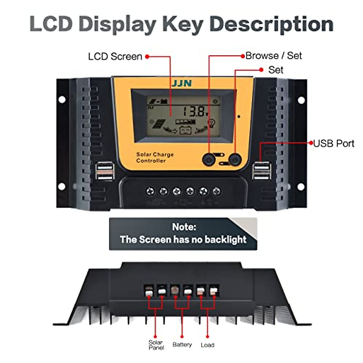 JJN 30A Solar Charge Controller 12V/24V/36V/48V Solar Panel Regulator with Adjustable LCD Display Dual USB Port Timer Setting PWM Auto Parameter