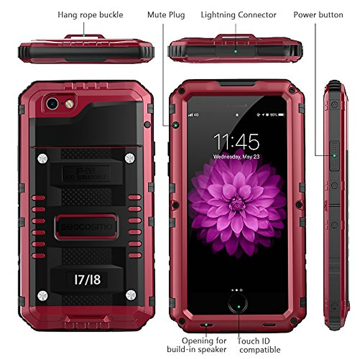 seacosmo Case for iPhone SE 2020, iPhone 7/8 Waterproof, Full Body Protective Shell with Built-in Screen Protector, Military Grade Rugged Heavy Duty Cover, Red