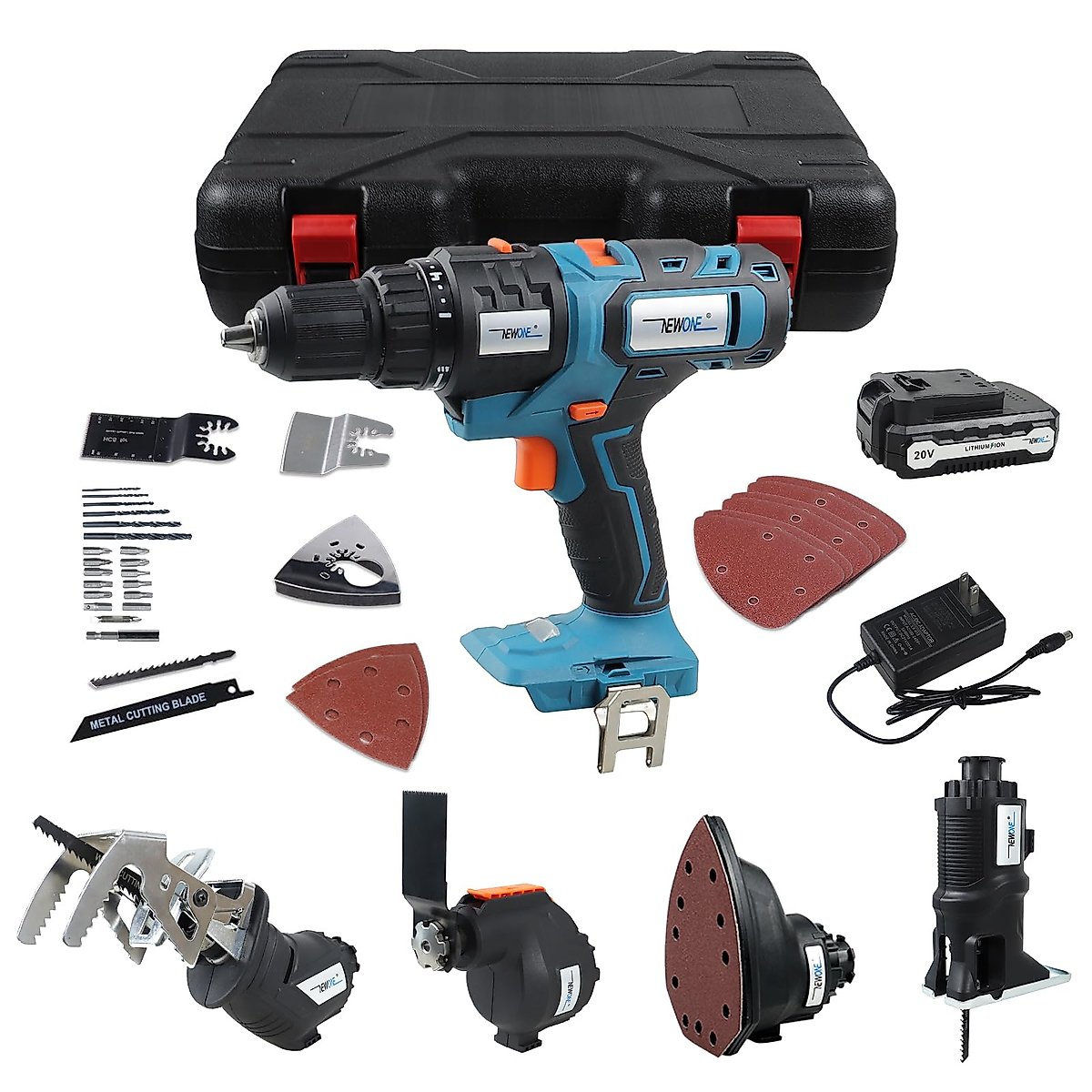 NEWONE 20V Cordless Drill Combo Kit,4-Tool Max Power Tool Combo Kit with Case,4 Attachment,Drill,Reciprocating saw, Oscillating tool, Sander with Accessories,2.0Ah Lithium-Ion Battery and Charger