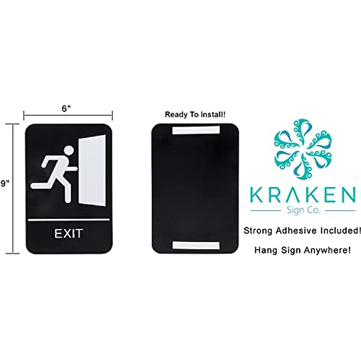 Kraken Sign Co. - ADA Exit Sign with Braille - Black and White, 9" x 6" - Highly Visible With Self Adhesive Backing - Plastic