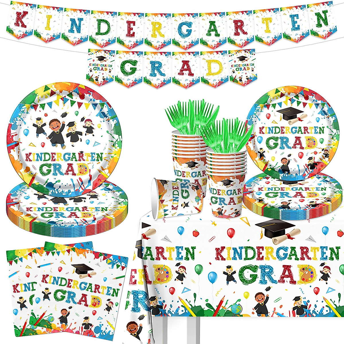 Happy Kindergarten Graduation Tableware Decoration- 142Pcs Kindergarten Tableware Set Include Plates, Napkins Banner Service for 20 Guests Congrats Grad Party Supplies (Tableware)