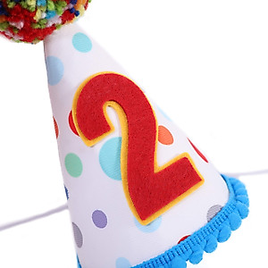 WAHAWU Baby Costume Headwear, 2nd Birthday Party Hat - Primary Colors, Handmade Baby Hat, Baby Girls/Boys Birthday Confetti Cone Hat, Colored Fur Balls Hat