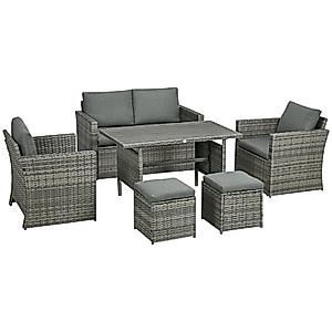 Outsunny 6 Piece Patio Dining Set, PE Rattan Furniture Set with 2 Chairs Cushions & Outdoor Loveseat Sofa, Woodgrain Slatted Dinner Table, Gray