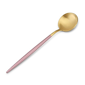 Matte Gold Silverware Set with pink handle, Bysta 5-Piece Stainless Steel Flatware Set, Kitchen Utensil Set Service for 1, Tableware Cutlery Set for Home and Restaurant, Satin Finish, Dishwasher Safe