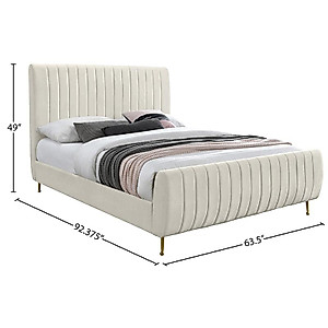 Meridian Furniture Zara Collection Modern | Contemporary Velvet Upholstered Bed with Deep Channel Tufting and Custom Gold Legs, Queen, Cream