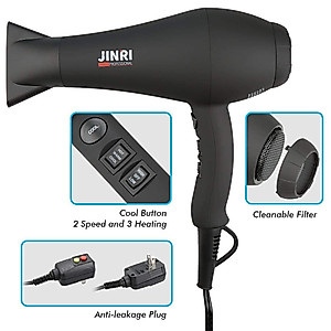 Hair Dryer 1875W, Negative Ionic Fast Dry Low Noise Blow Dryer, Professional Salon Hair Dryers with Diffuser, Concentrator, Styling Pik, 2 Speed and 3 Heat Settings (Bk)