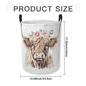 Laundry Basket Pink Floral Highland Cow Collapsible Laundry Hamper with Handles Clothes Storage Bin for Household Bedroom Bathroom College Dorms