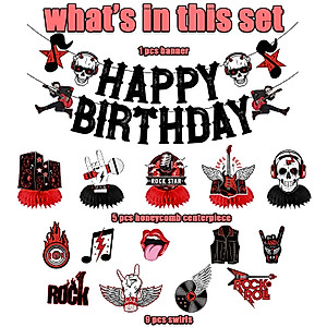 LARRAZABAL Rock and Roll Birthday Party Decorations Music Themed Party Decorations Include Happy Birthday Banner Hanging Swirls and Honeycomb Centerpiece Rock and Roll Baby Shower Supplies