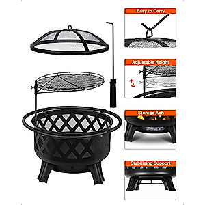 Outdoor 2 in 1 Fire Pit 30" Wood Burning FirePit with Grill, Spark Screen, Great for Outdoor, Garden, Patio, Backyard, Bonfire