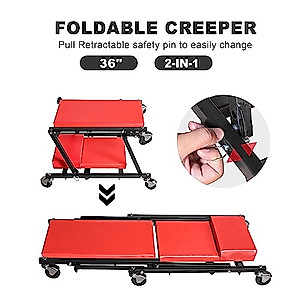 BIG RED Z-Creeper Seat,36" Foldable Creeper,2-in-1 Garage Shop Creeper for Auto Repair,36" RED,300 Lbs Capacity,with 6 Pcs Wheels,ATR6505R,Torin