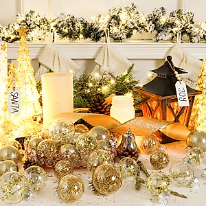 SLK Ornaments Shatterproof, 32 Counts Xmas Plastic Clear Christmas Balls Hanging Tree Glittering Balls with Stuffed Decorations Multi Size Gold