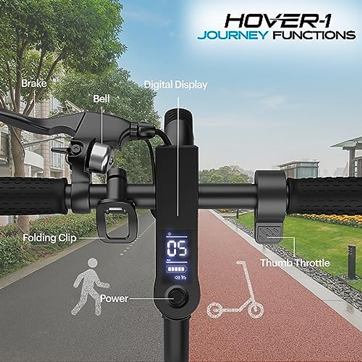 Hover-1 Journey Electric Folding Scooter | 16 MPH, 16 Mile Range, 5HR Charge, LCD Display, 8.5 Inch High-Grip Tires, 264LB Max Weight, Certified & Tested - Safe for Kids, Teens & Adults, Black