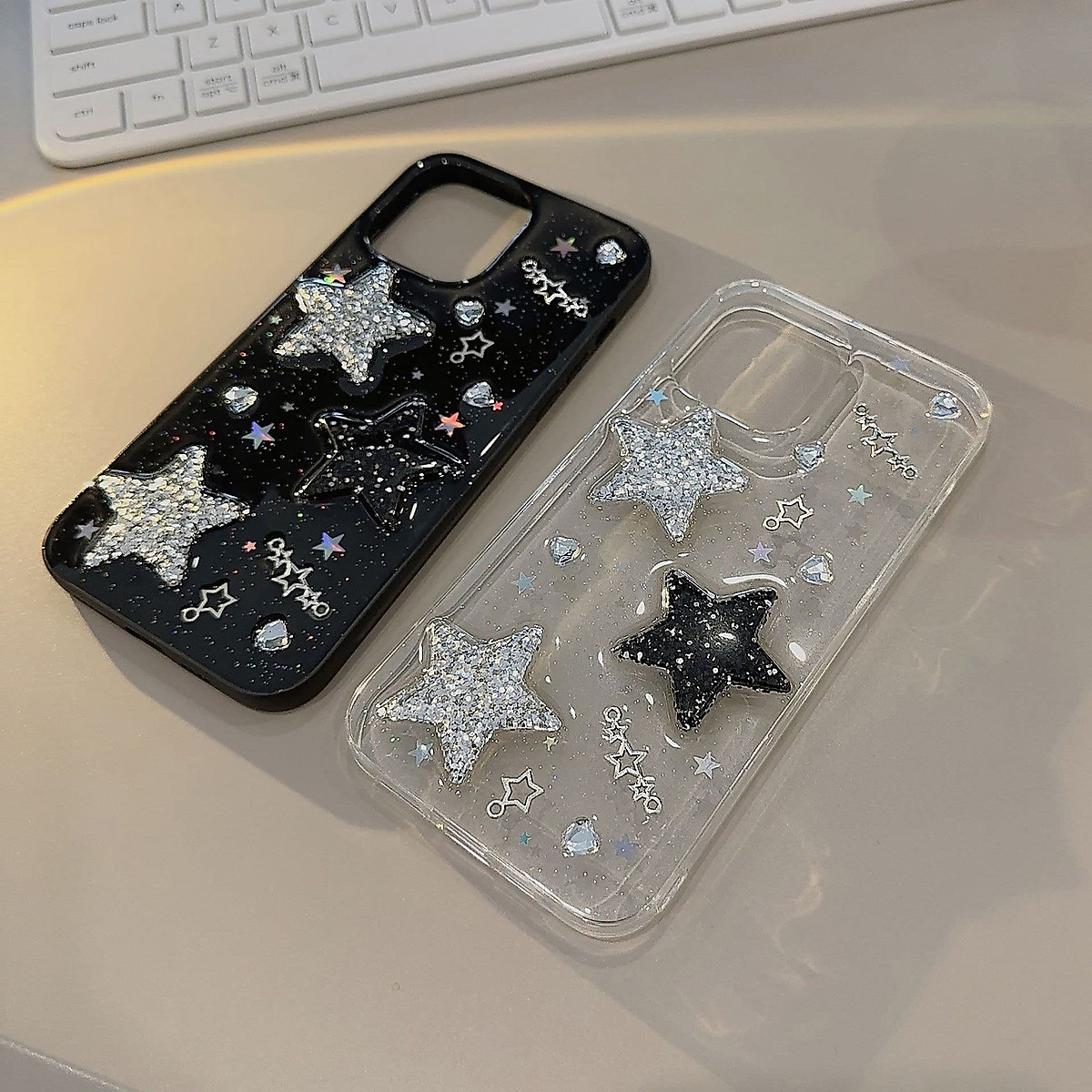 LOLAGIGI for iPhone 13 Case Bling Stars 3D Hearts Diamond Twinkle Star Glitter Y2K Spark Luxury Girly Aesthetic Personalized Design for Women Girls Teens TPU Case, 6.1", Black