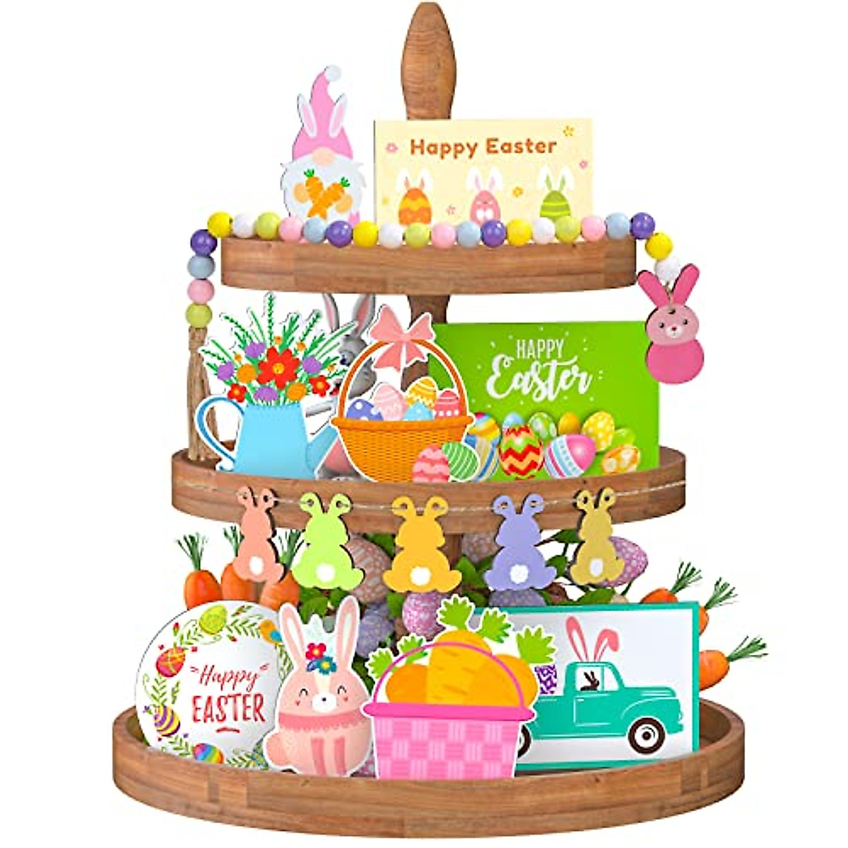 15Pcs Easter Tiered Tray Decor, Lucomb Easter Decorations Happy Easter Wood Signs Truck Full of Eggs, Farmhouse Signs Carrot Egg Bunny Decor for Easter Day Home Farmhouse Rustic Spring Decorations