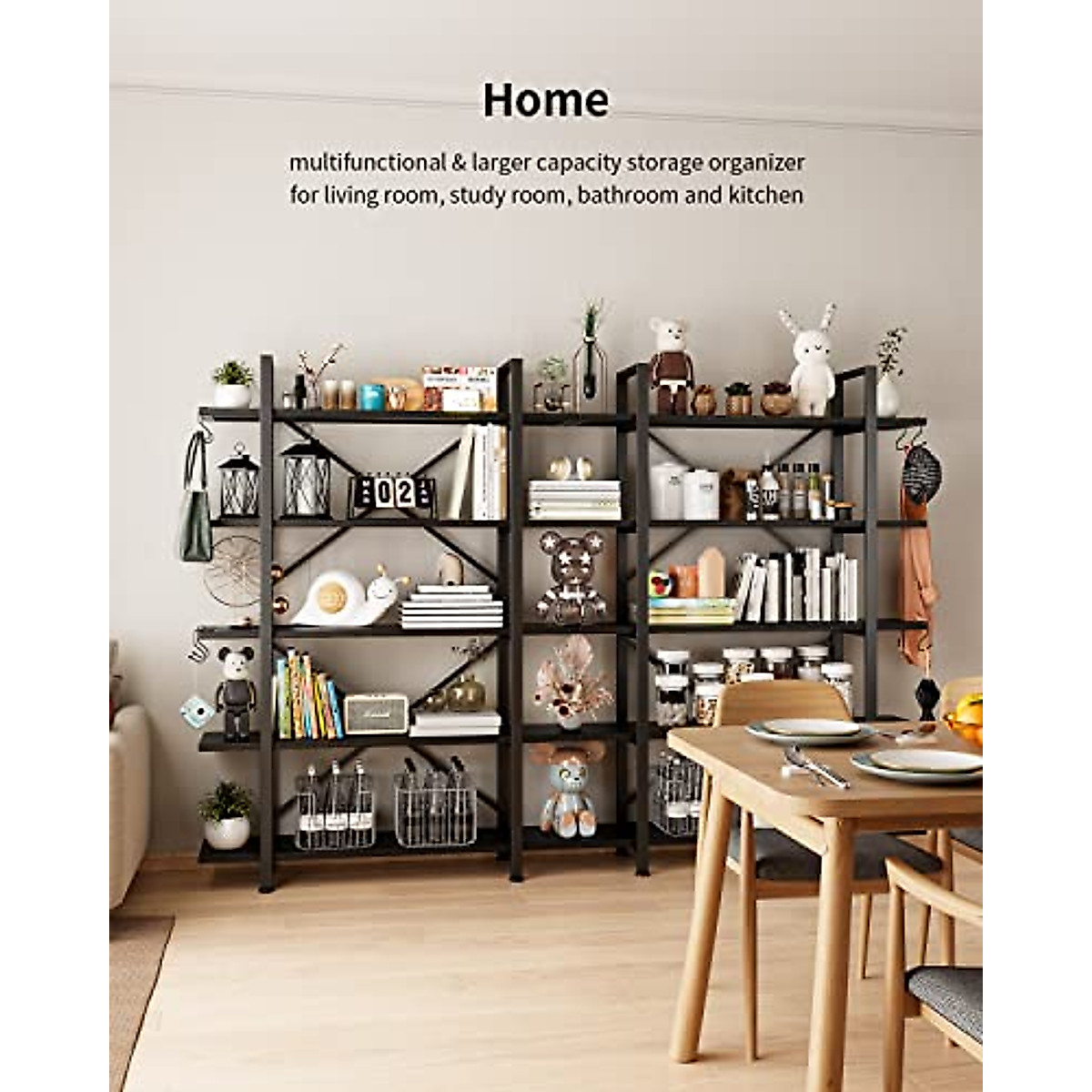 Gizoon 5 Tier Bookshelves for Storage, Industrial Tall Wood Bookshelf with 4 Hooks, Metal Frame Display Shelves for Bedroom, Living Room, Kitchen, Black