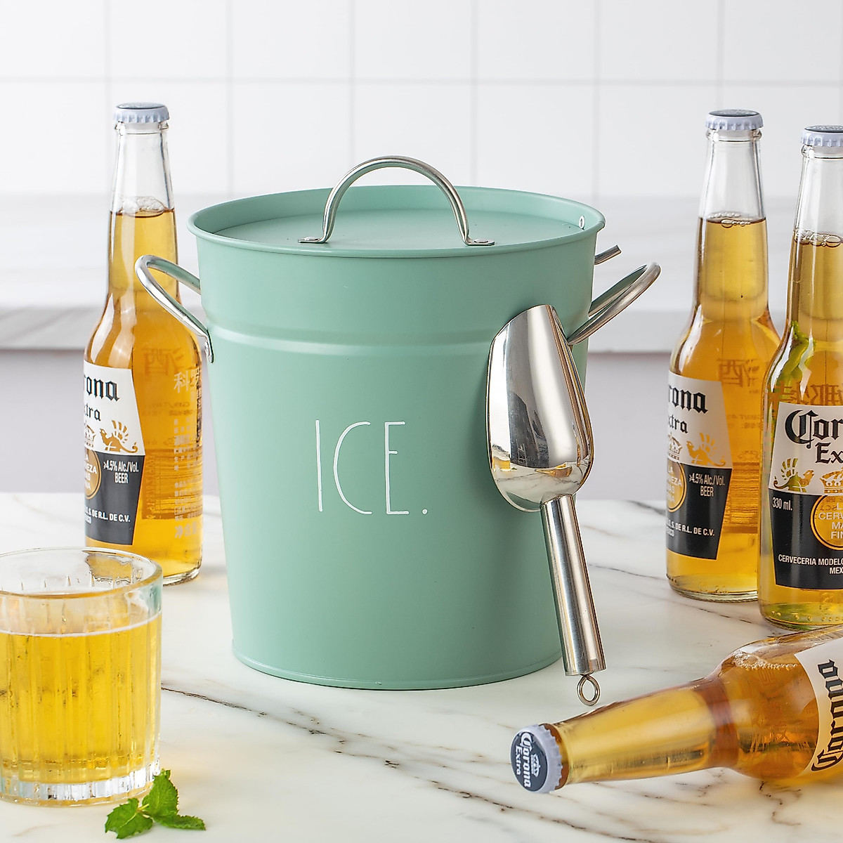 Rae Dunn Ice Bucket with Scoop - Stainless Steel Bucket with Handle, Lid and Ice Scooper - 4 Qt. Storage Bin for Ice Cubes for Bars, Parties, Backyard Barbeques, Picnics, and Camping (Sage)