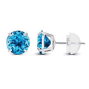 Genuine 10K Solid White Gold 4mm Round Natural Swiss Blue Topaz December Birthstone Stud Earrings