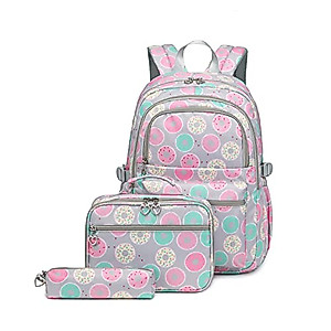 YJMKOI 3PCS Donut Print Backpack for Girls Middle-School Elementary Bookbags with Lunch Box (Grey)