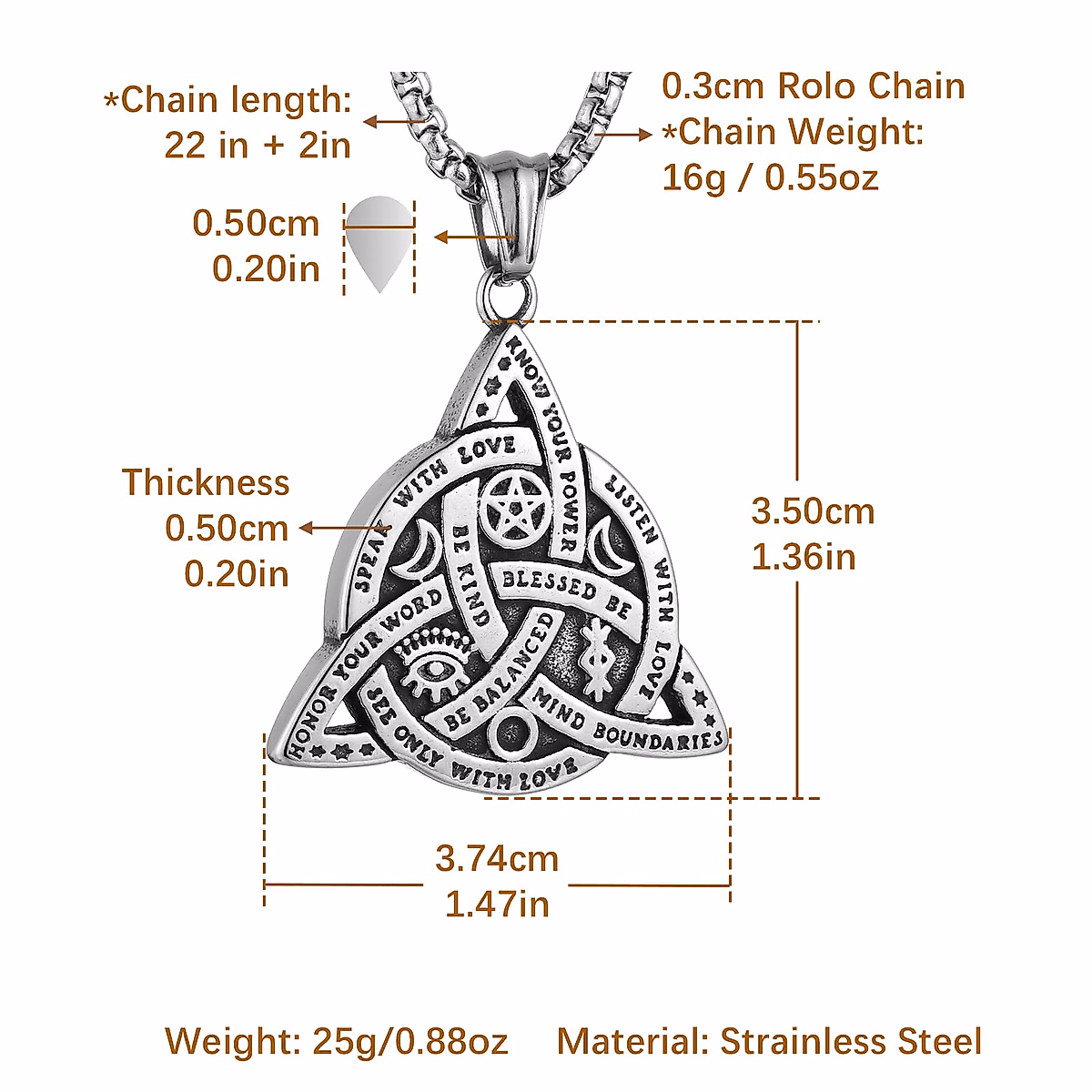 HZMAN Double Sided Stainless Steel Triple Goddess Triquetra Necklace Celtic Knot Irish Christian Trinity Knot Pendant