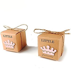 50pcs Little Princess Baby Shower Favor Boxes + 50pcs Twine Bow, Candy Bag Rustic Kraft Paper Gift Box for Baby Shower Party Supplies Cute 1st Birthday Girl Decoration