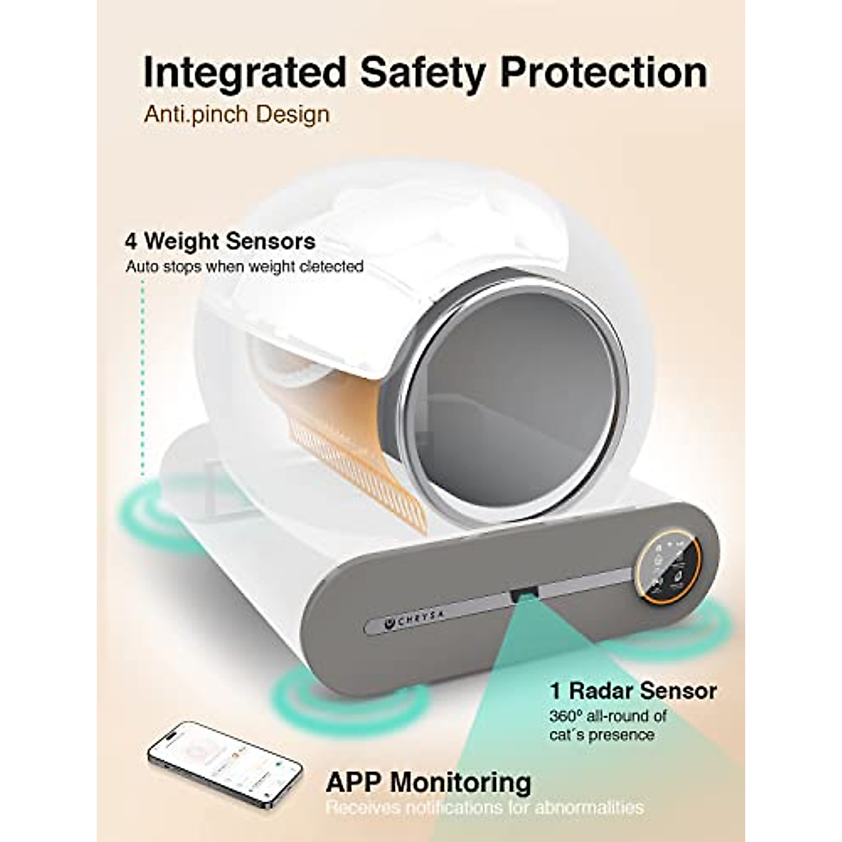 CHRYSA Self-Cleaning Cat Litter Box, Integrated Safety Protection Automatic Cat Littler Box for Multi Cats, Extra Large/Odor Isolation/APP Control Smart Cat Litter Box