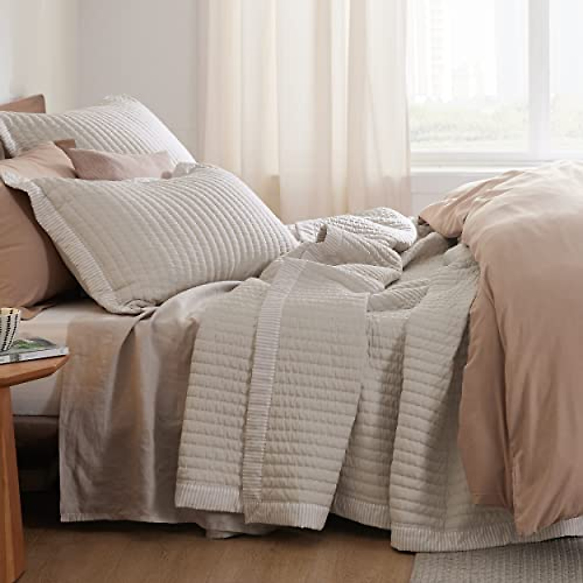 Bedsure Linen Quilt Queen Size - Lightweight Soft Quilt Bedding Set for All Seasons, Bedspreads & Coverlets, Corduroy Pattern Quilt Set, 3 Pieces, 1 Quilt (90"x96") and 2 Pillow Shams (20"x26"+2")