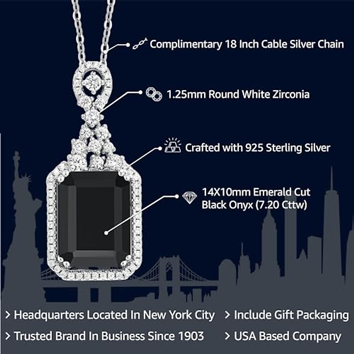 Gem Stone King 925 Sterling Silver Black Onyx Pendant Necklace For Women (7.20 Cttw, Gemstone Birthstone, Emerald Cut 14X10MM, with 18 Inch Silver Chain)